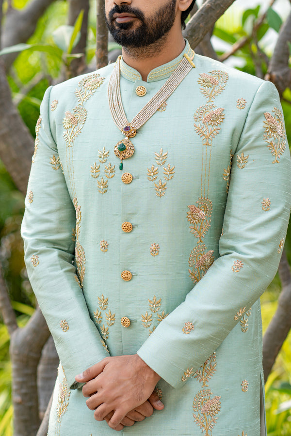 SAGE GREEN RAWSILK SHERWANI – Samta And Shruti Studio